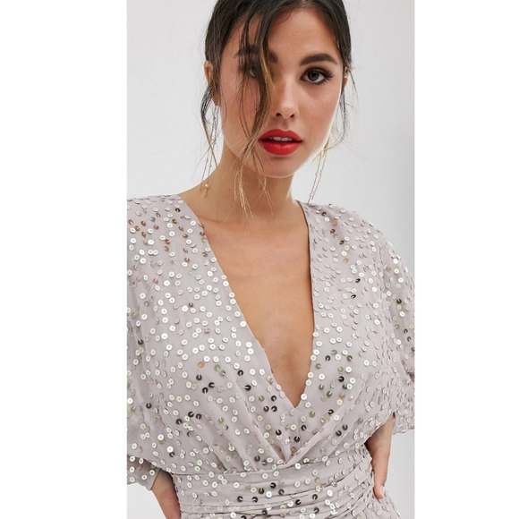ASOS | Dresses | Asos Design Midi Dress With Batwing Sleeve And Wrap Waist In Scatter Sequin ...